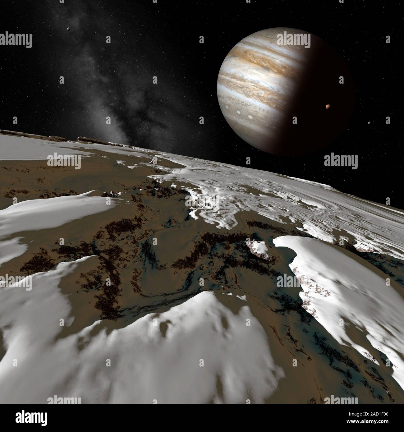 Jupiter from Europa. Computer illustration of a view across the surface ...