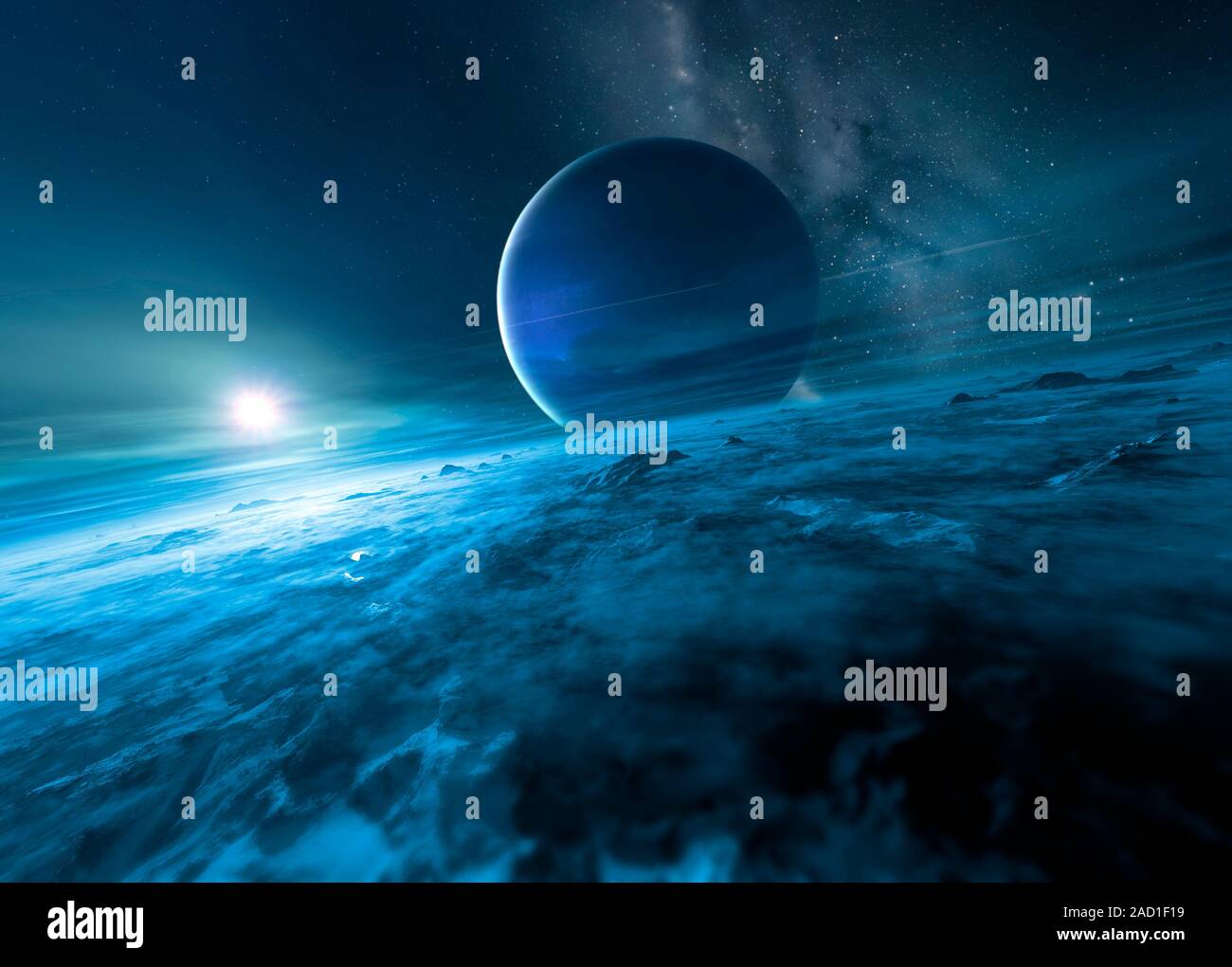 Neptune from Triton. Computer illustration of a view across the surface ...