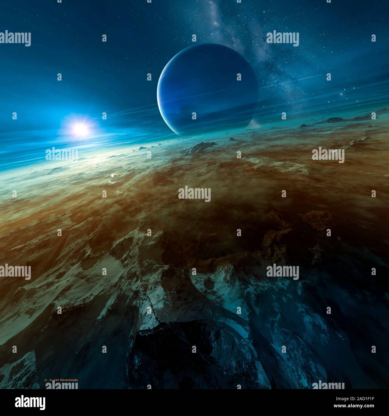 Neptune from Triton. Computer illustration of a view across the surface ...