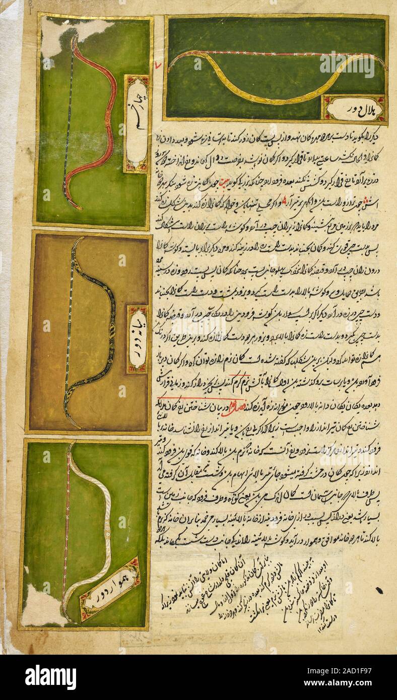 Indian bow. Illustration from a Persian language manuscript, showing ...