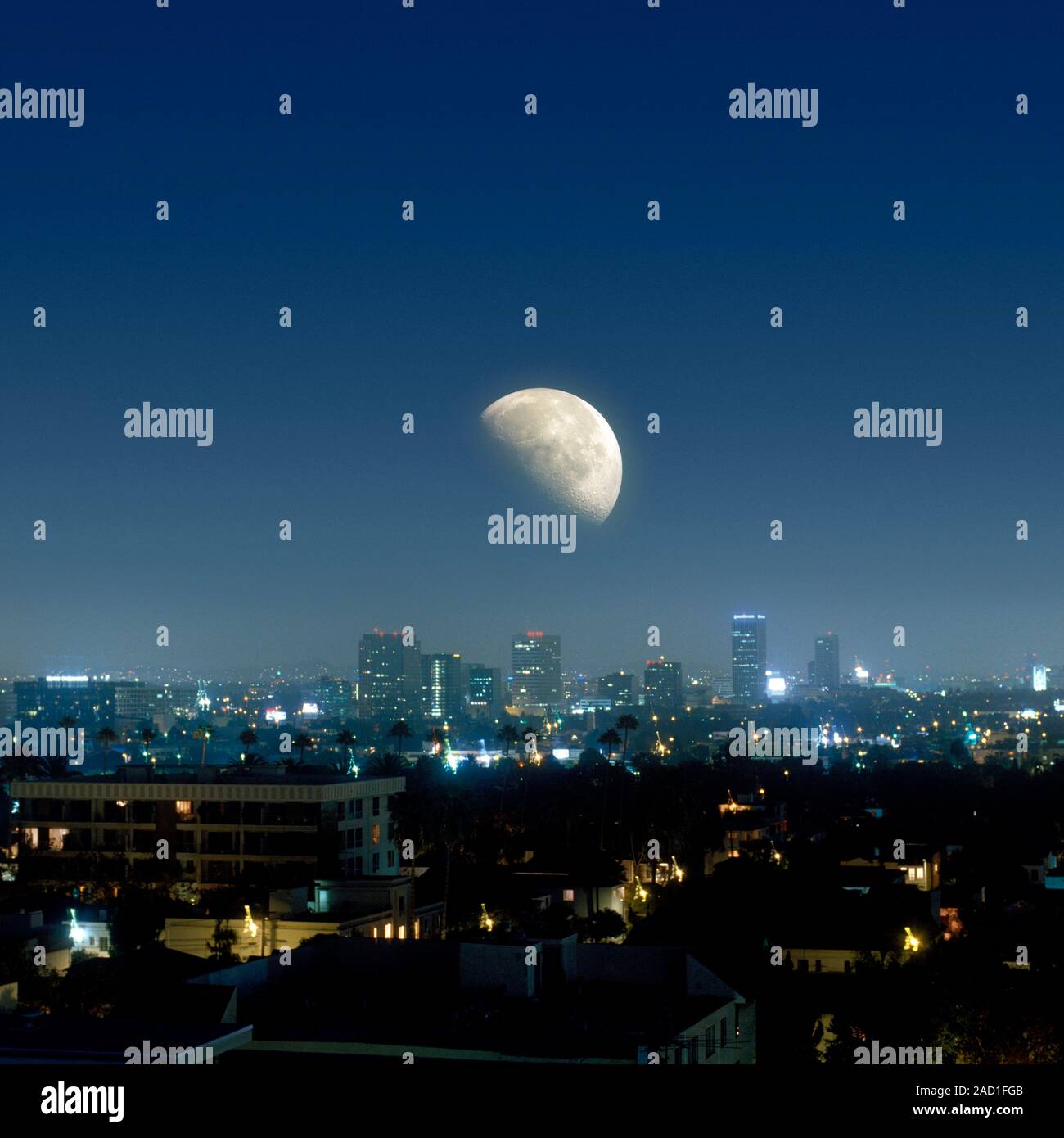 Moonrise over Beverley Hills. View across Beverley Hills, Los Angeles ...