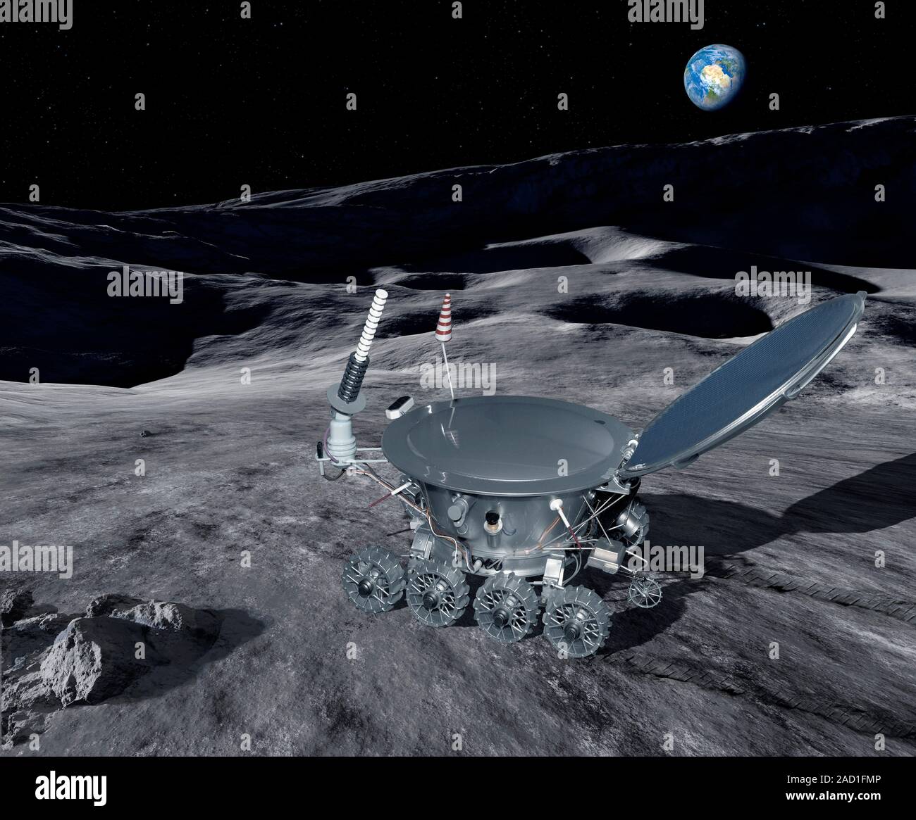 Lunokhod 1 on the Moon. Computer illustration of the Lunokhod 1 lunar ...