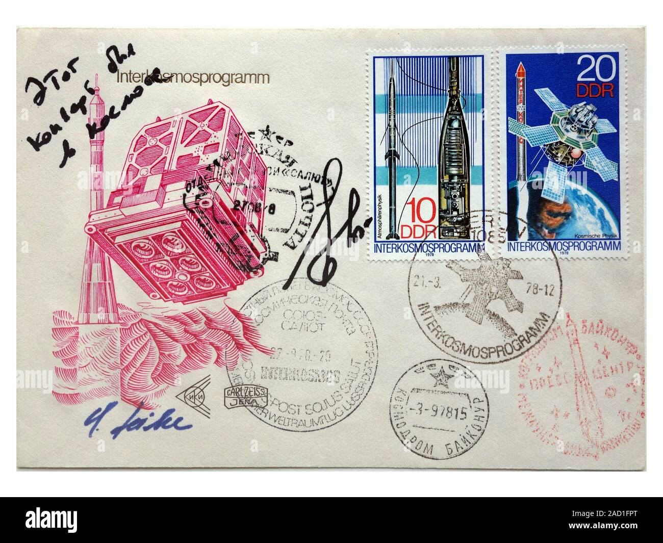 Space mail. A letter sent into space, with an illustration of the East ...