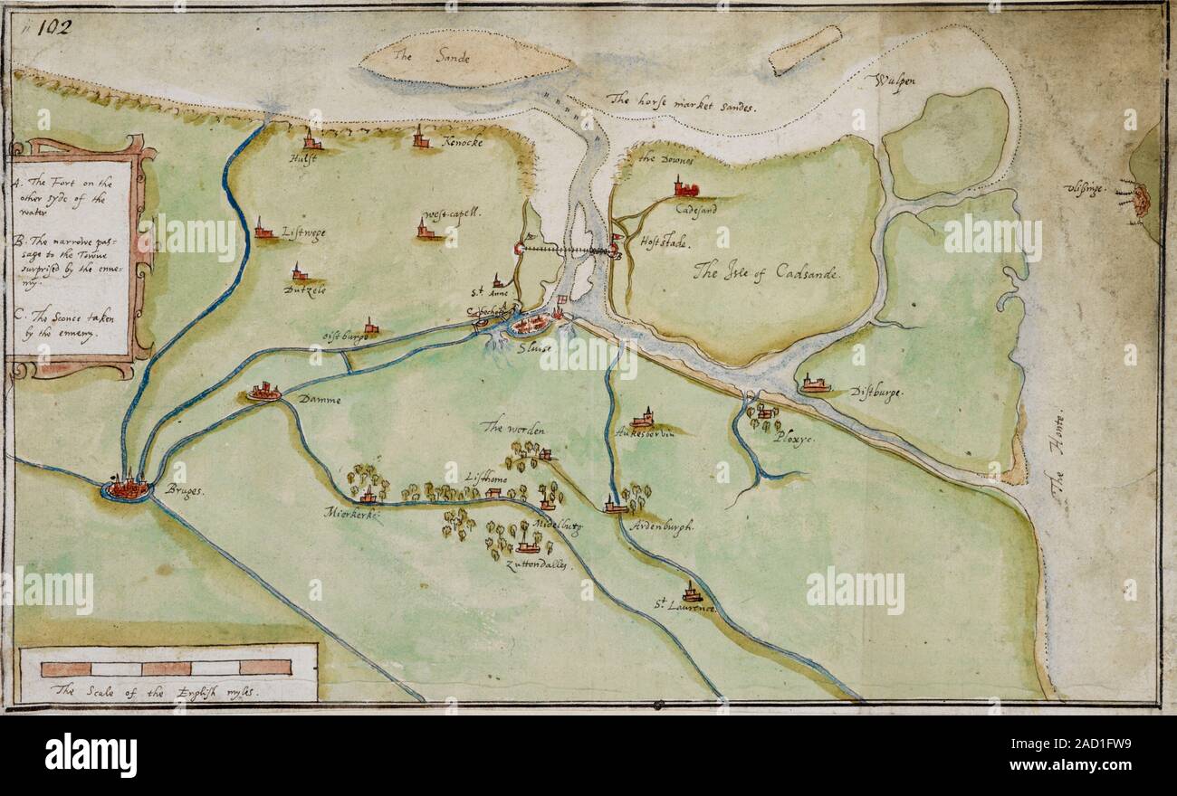 Siege of Sluys, illustration. Map showing the siege of Sluys (Sluis ...