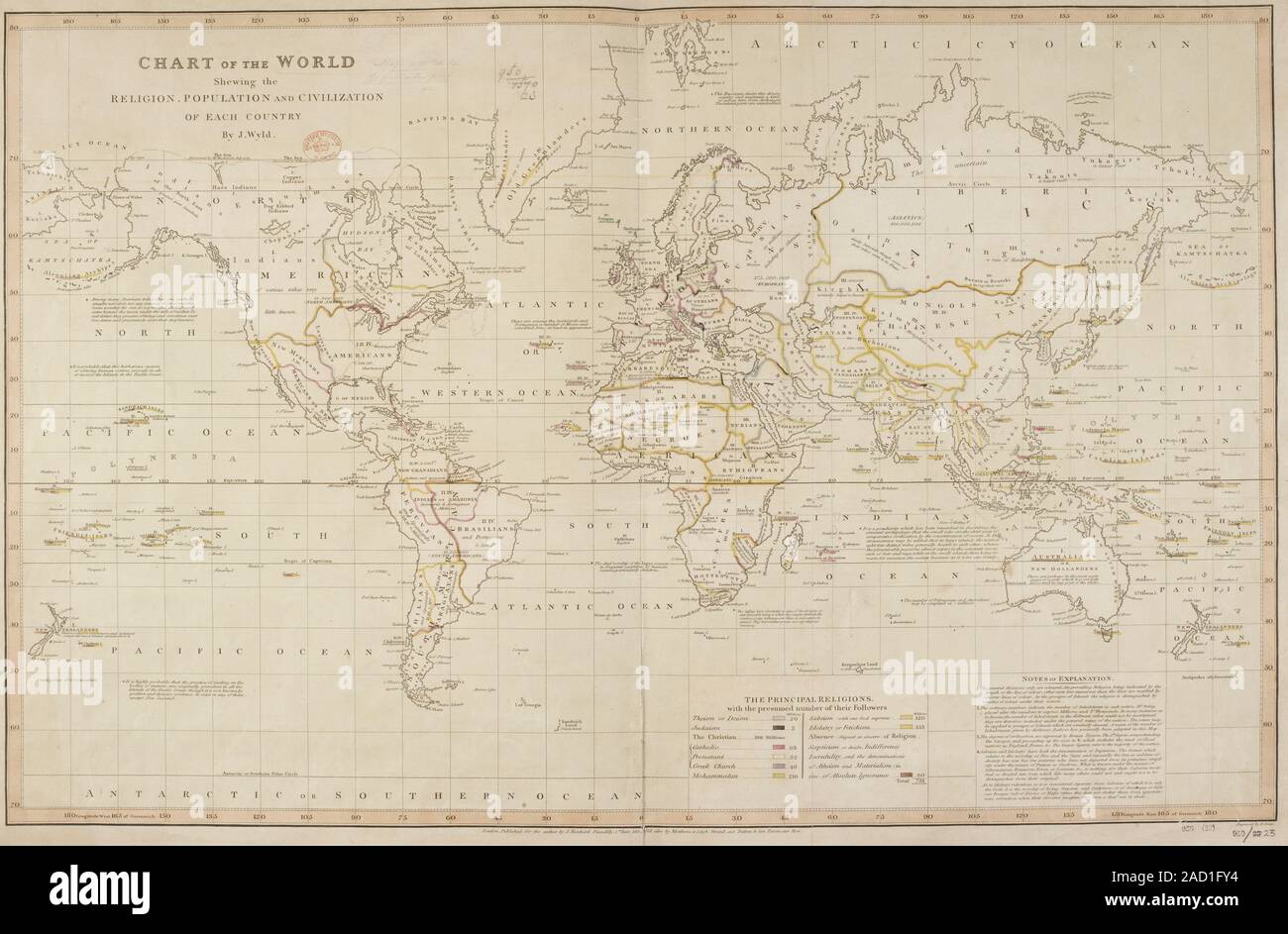 19th Century demographic map of the World. Map entitled 'Chart of the ...