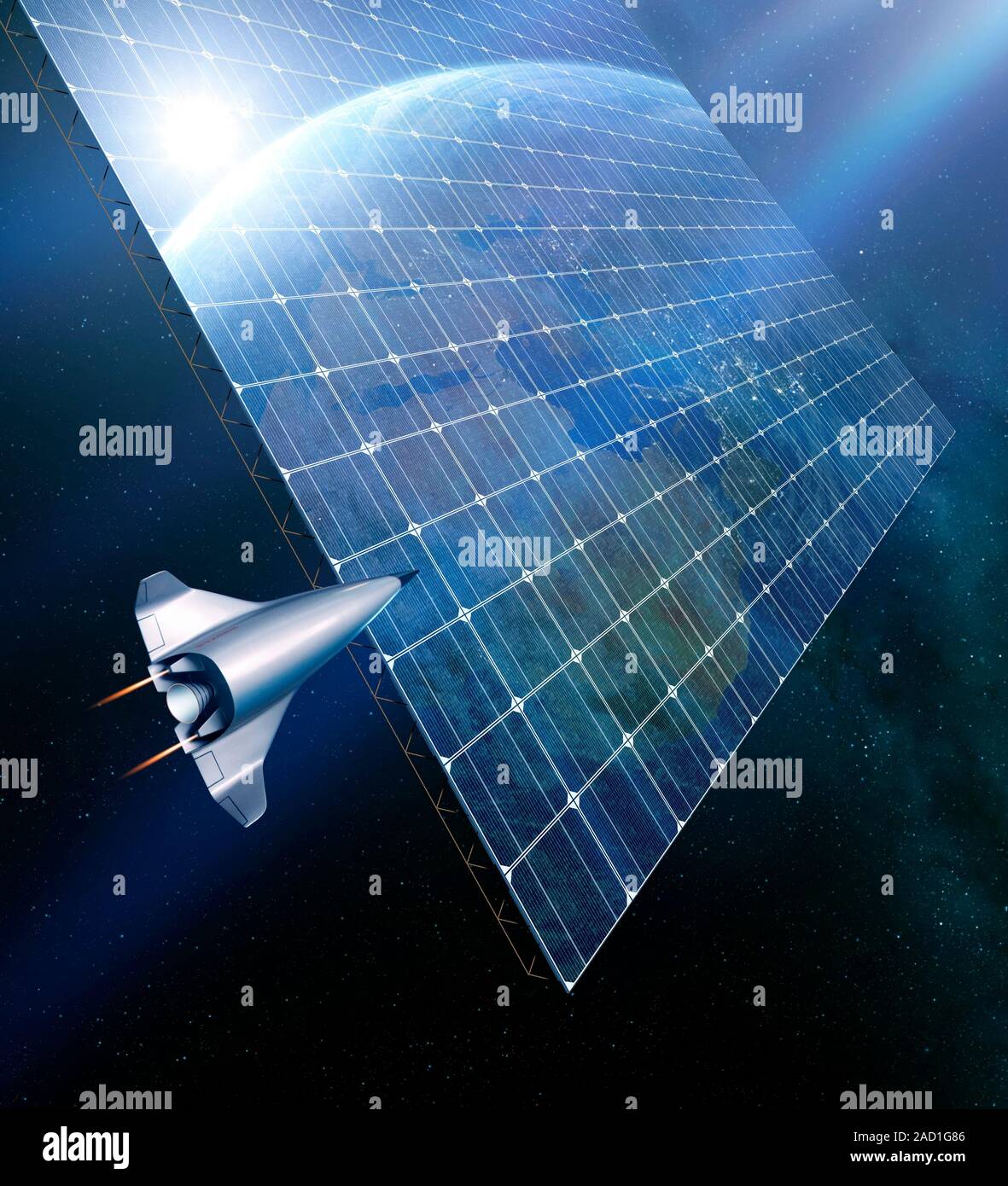 Solar power station in space. Computer illustration of a spacecraft ...