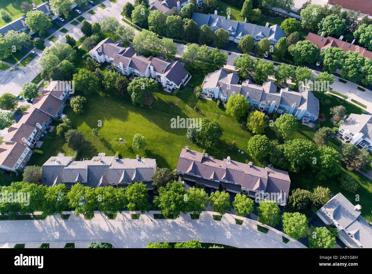 Aerial view of a townhouse complex in a Chicago suburban neighborhood ...