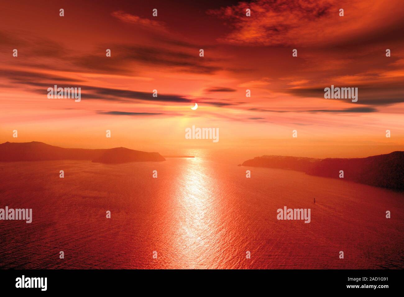 Partial solar eclipse. View across a bay towards the Sun shining over ...