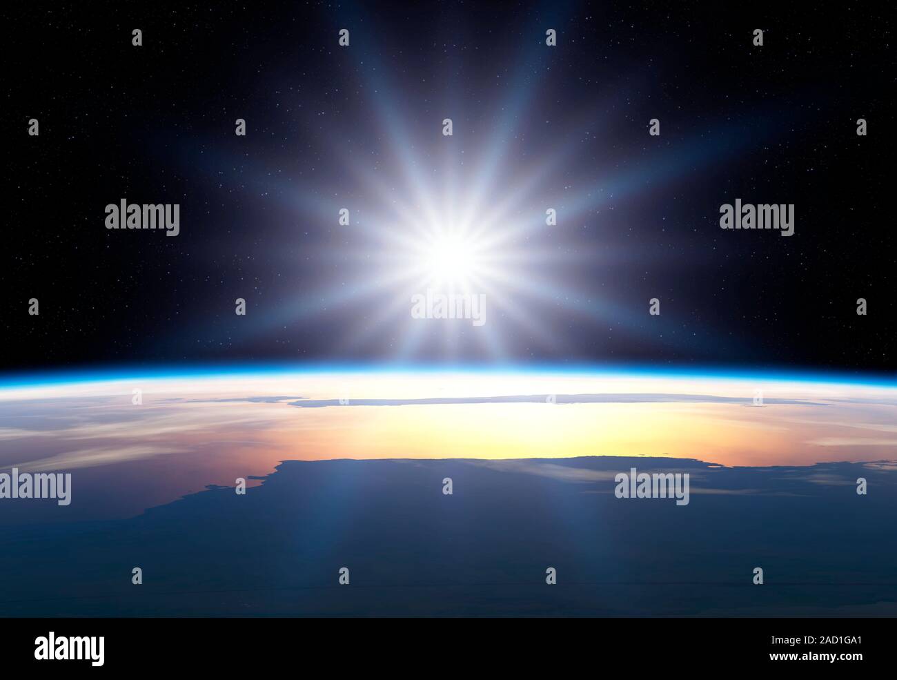 Sun over the Earth. View across the Earth's atmosphere towards the Sun ...