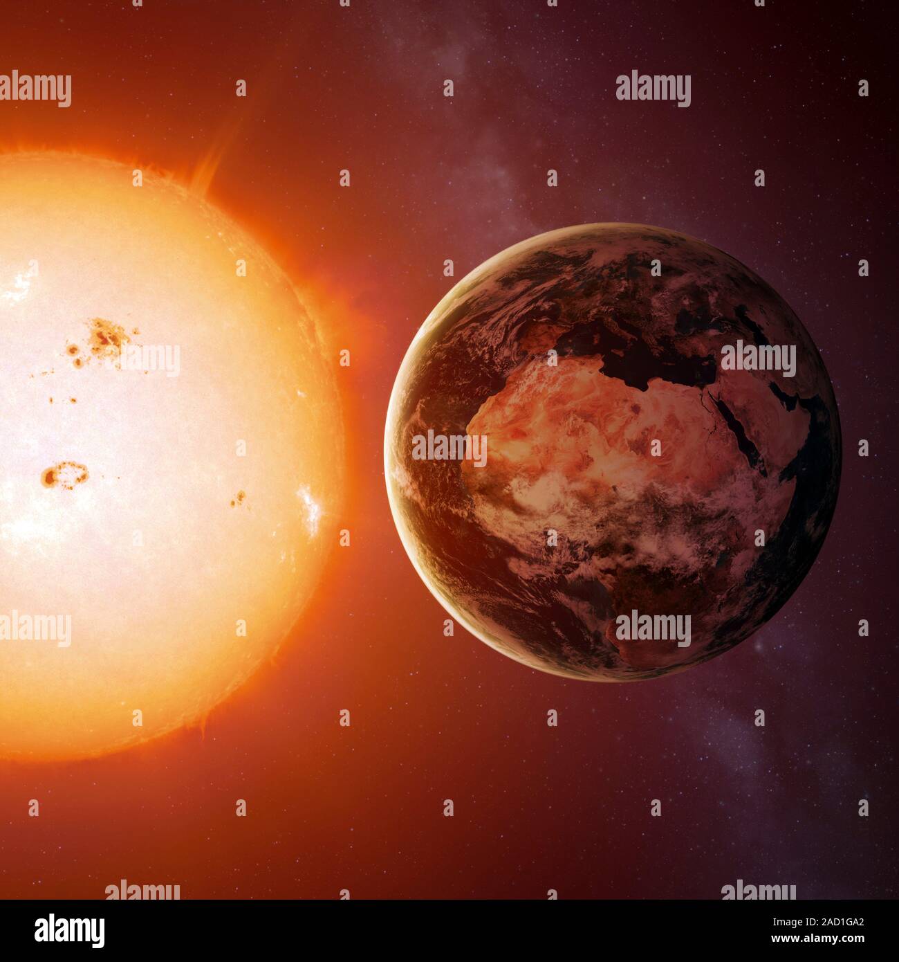 Sun and earth from space. Computer illustration of the Earth lit by the ...
