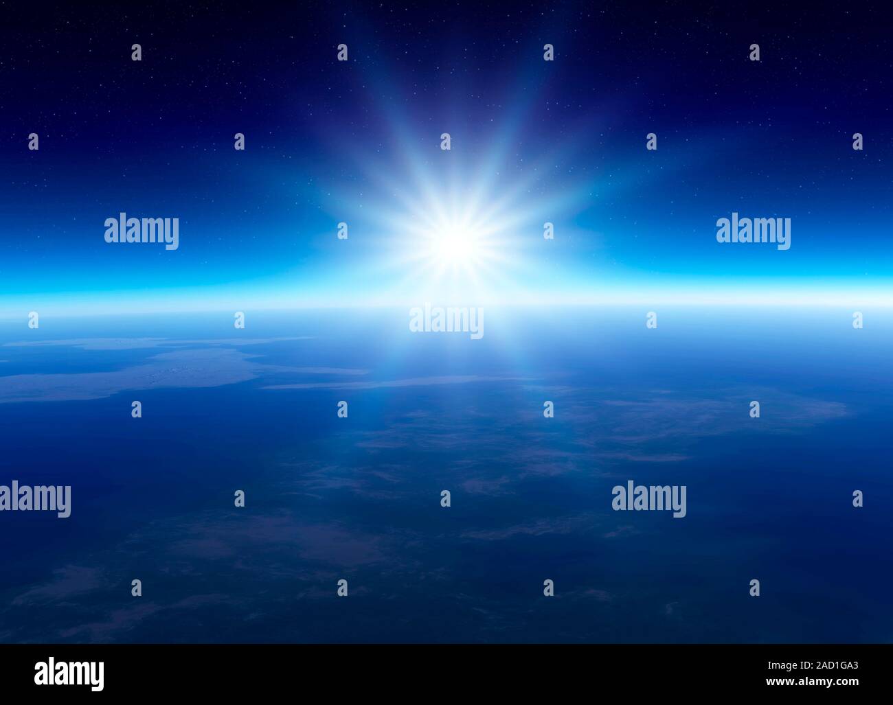 Sun over the Earth. View across the Earth's atmosphere towards the Sun ...