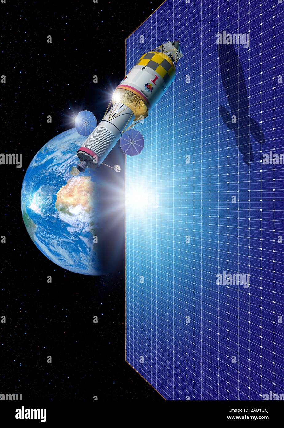 Solar power station in space. Computer illustration of a spacecraft ...