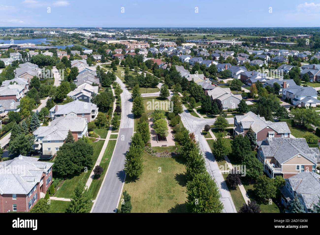Aerial view of a neighborhood in suburban Chicago with homes on either ...