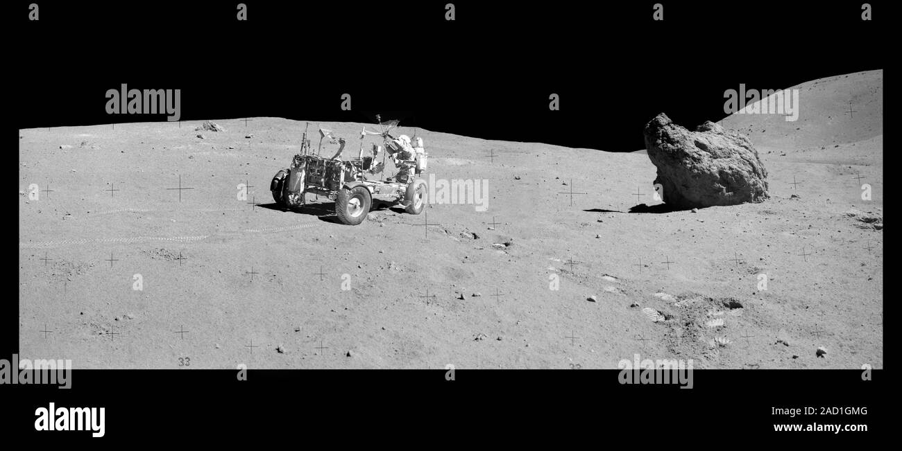 Apollo 16 lunar rover. Panoramic image of an astronaut with a lunar ...