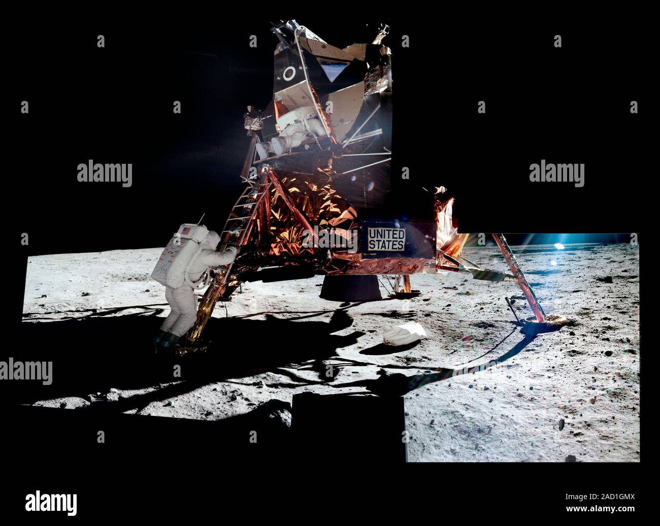 Apollo 11 Moon landing. US astronaut Buzz Aldrin descending the ladder ...