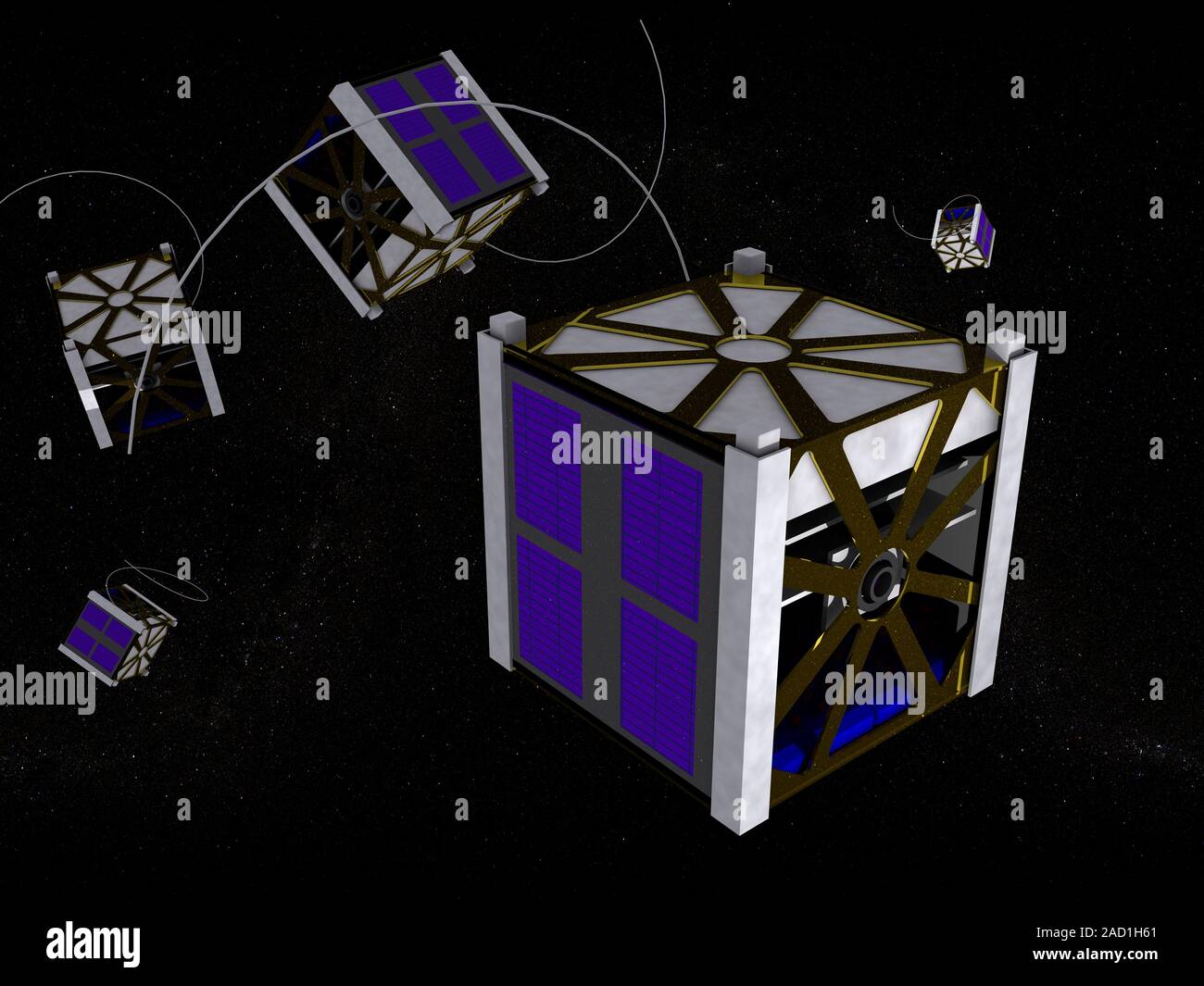 CubeSat miniature satellites, computer illustration. CubeSats are ...