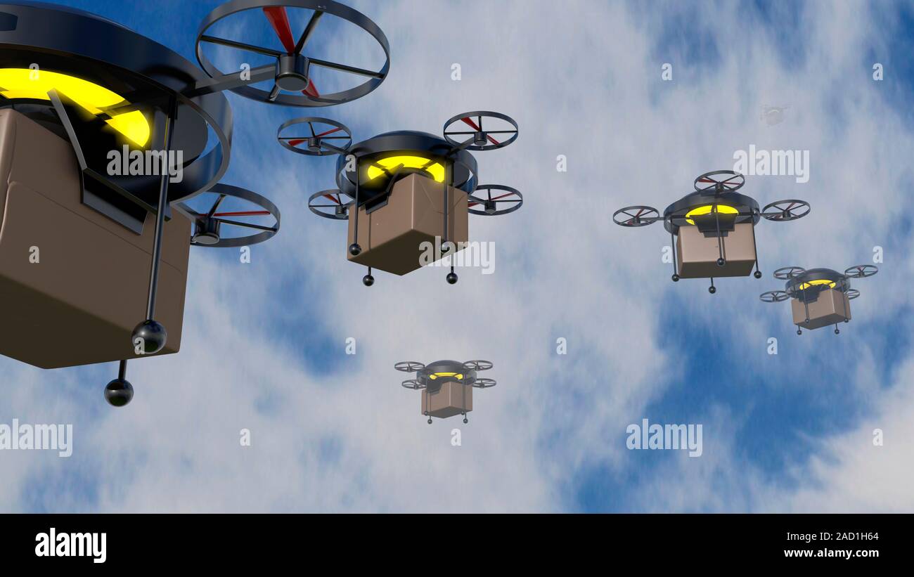 Delivery drones. Computer illustration of quadcopter unmanned aerial ...