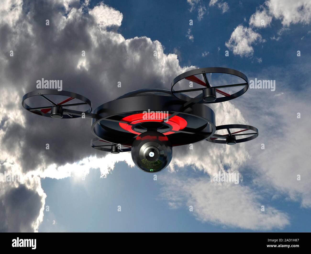 Security drone. Computer illustration of a quadcopter unmanned aerial ...