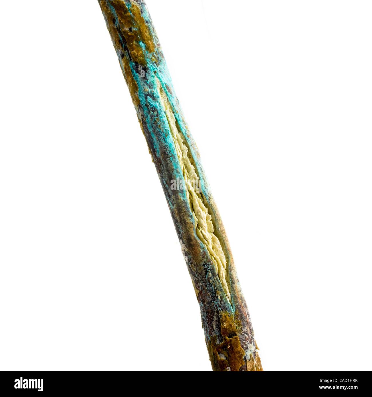 Limescale. Section of copper pipe damaged and split by the build-up of ...