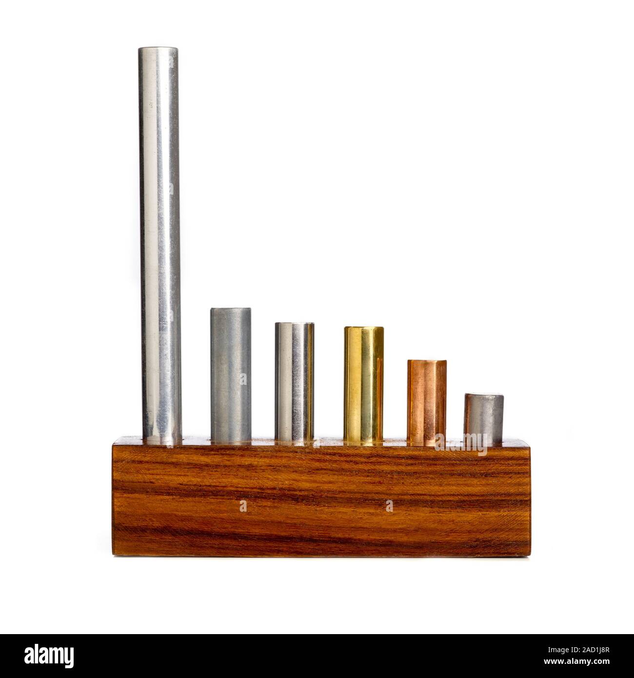 Metal density. A range of six rods made of different metals. Each rod ...