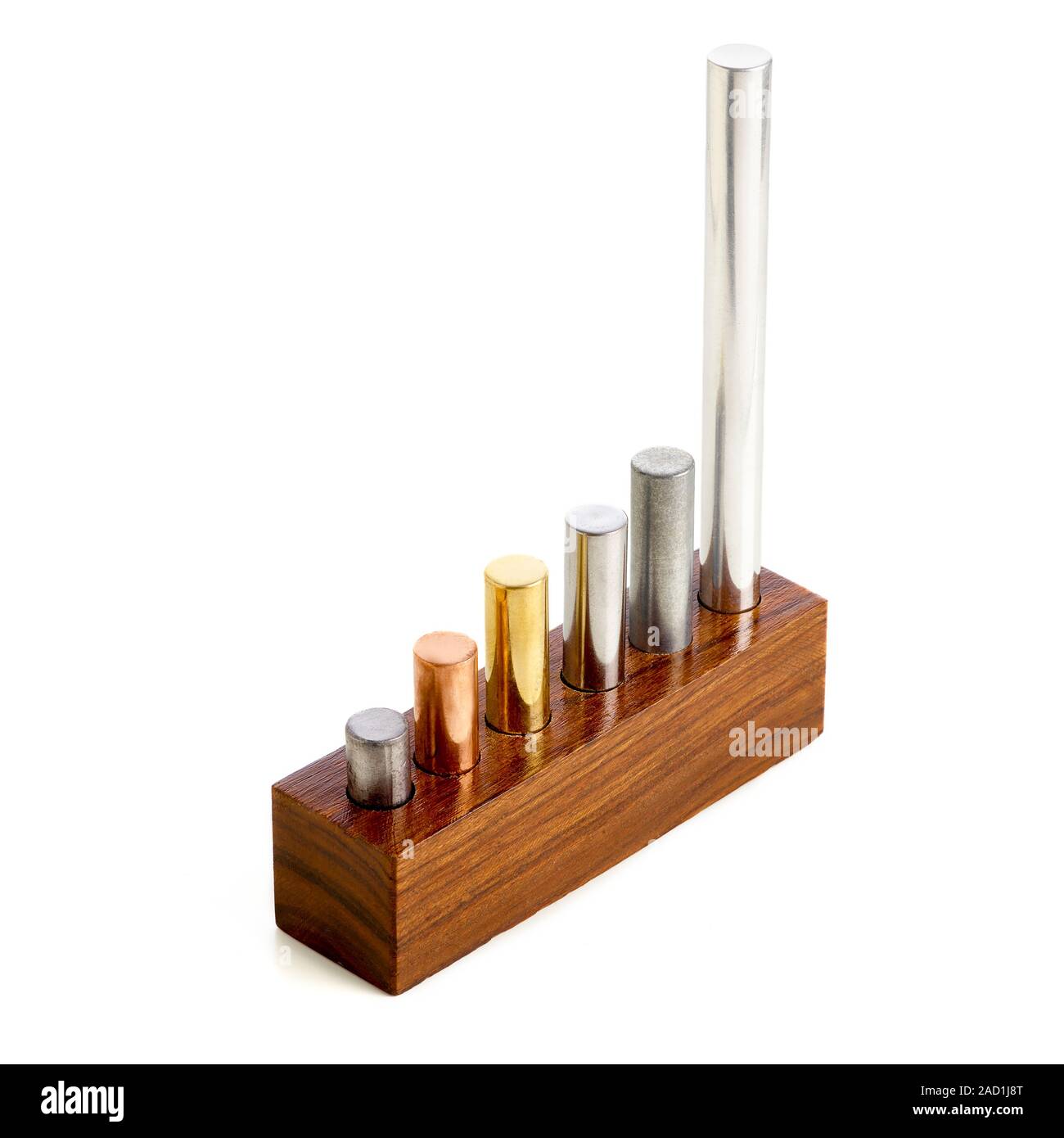 Metal density. A range of six rods made of different metals. Each rod ...