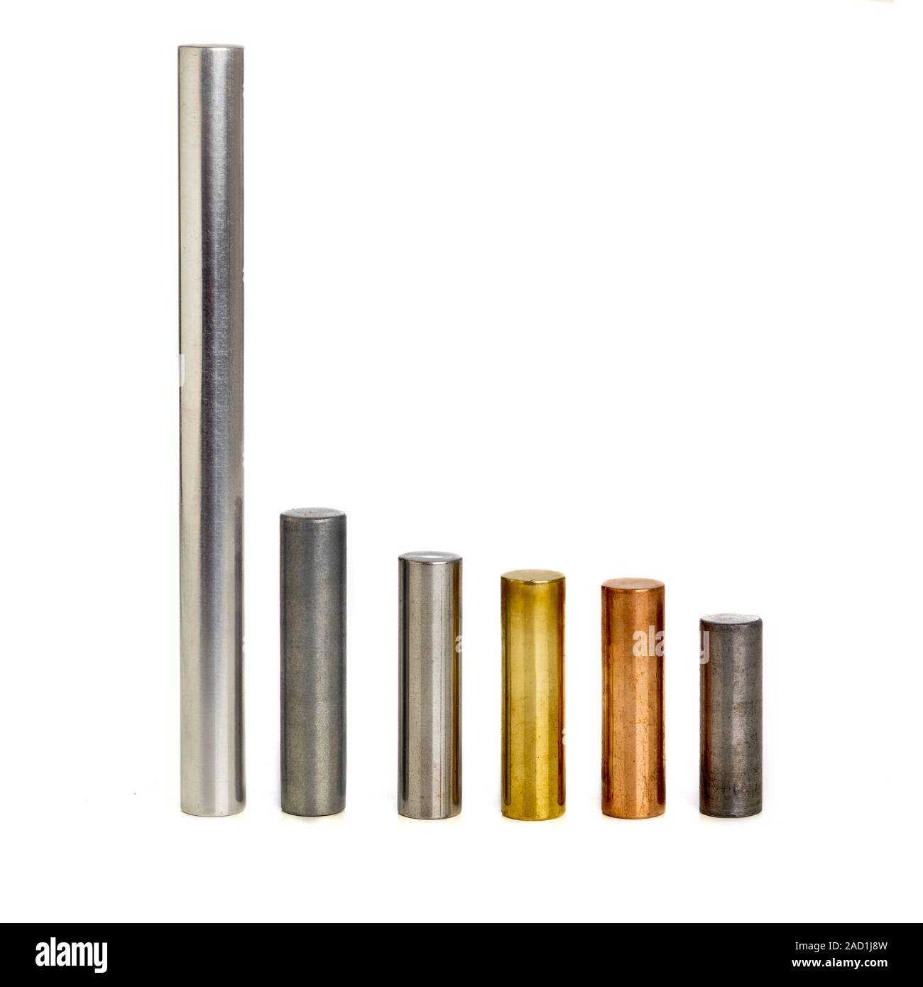 Metal density. A range of six rods made of different metals. Each rod ...
