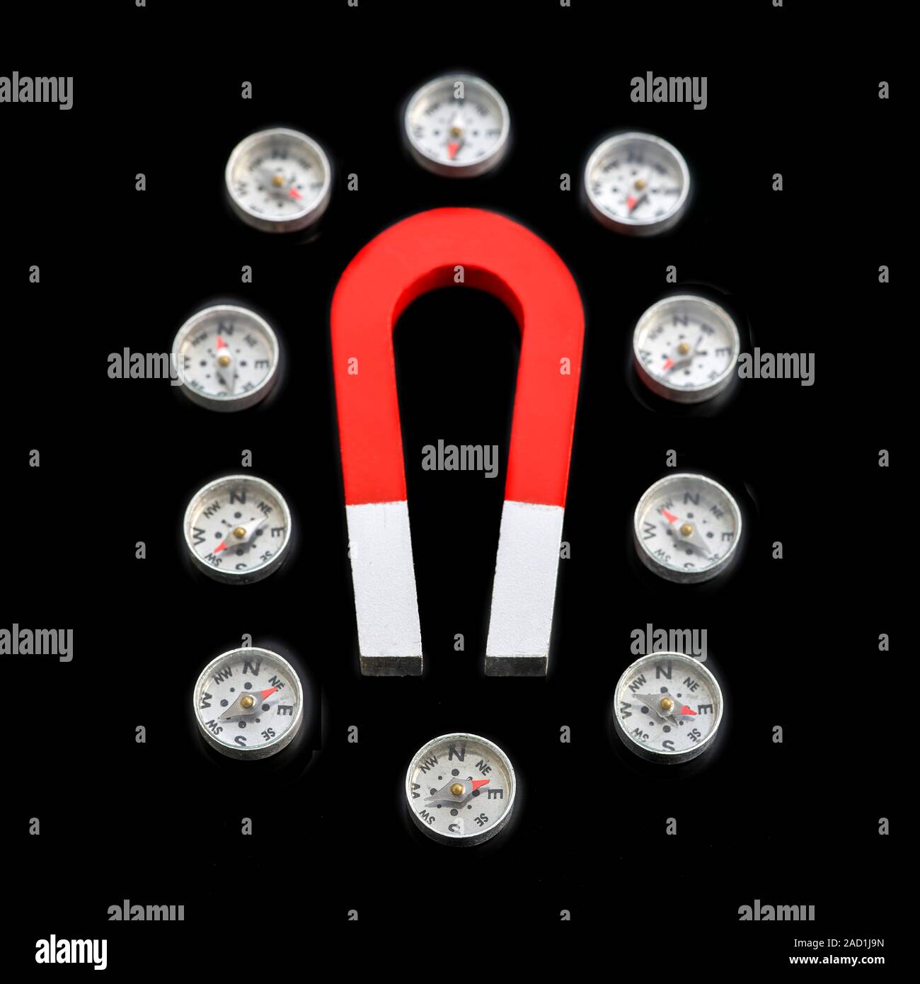 Magnetic field. A horseshoe magnet surrounded by small compasses ...