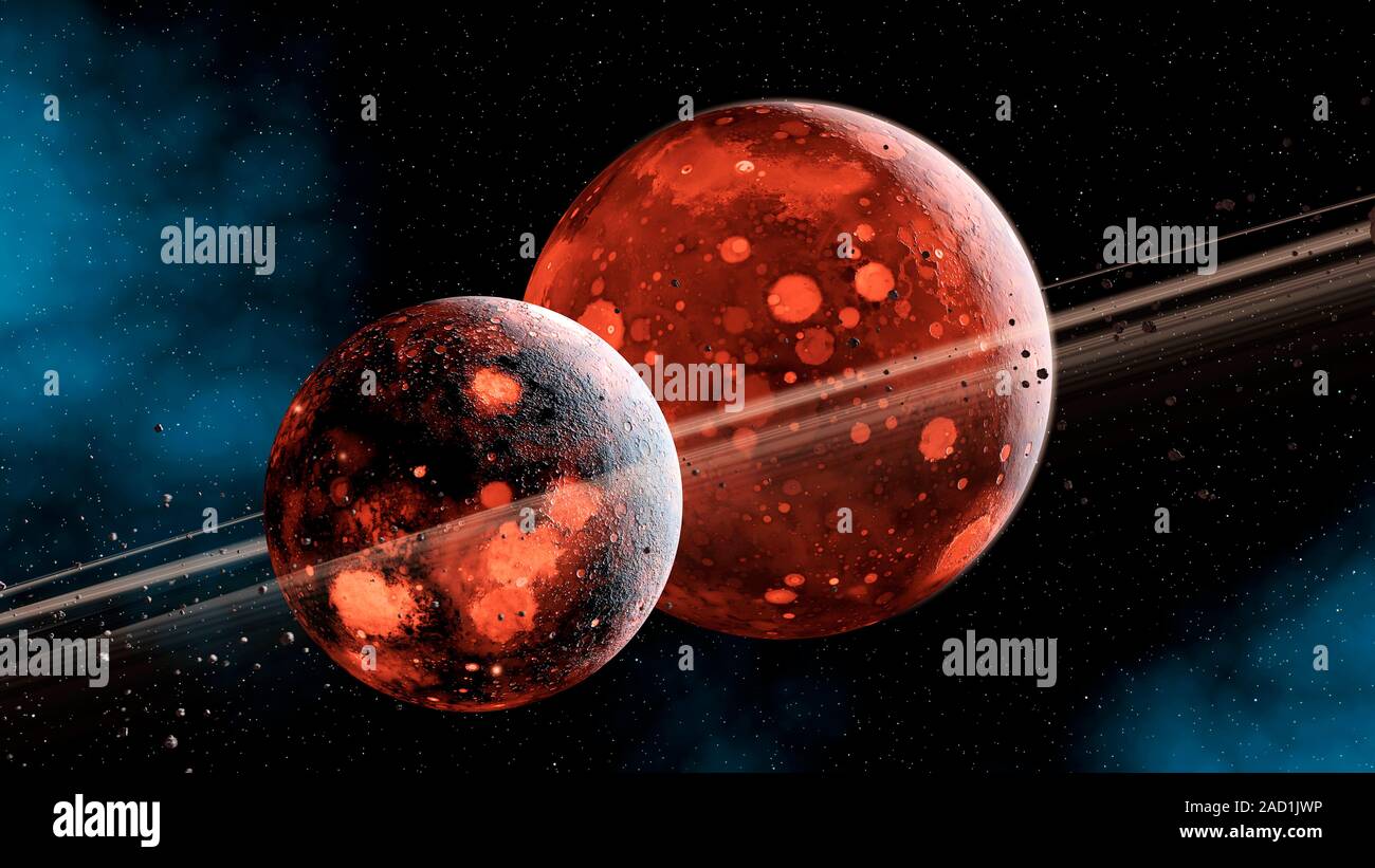 Earth-Moon system formation. Illustration showing a late stage of the ...