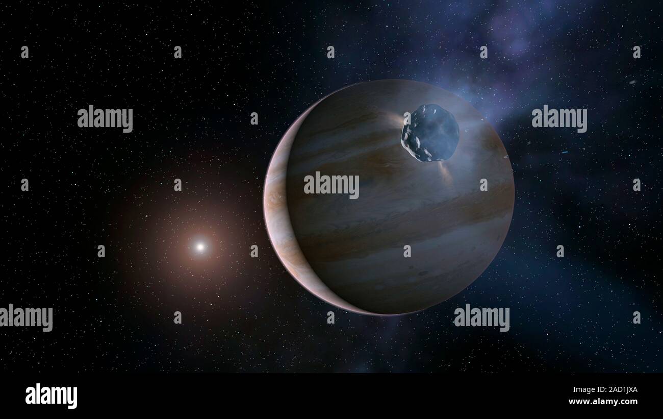 Comet approaching Jupiter, illustration. Jupiter is the largest planet ...