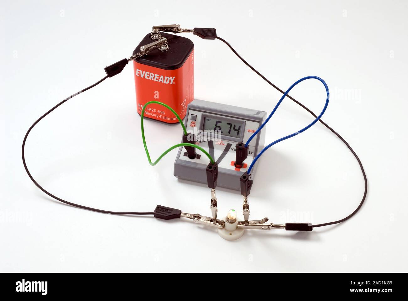 Circuit with bulb and voltmeter. Battery (red) connected to a bulb ...