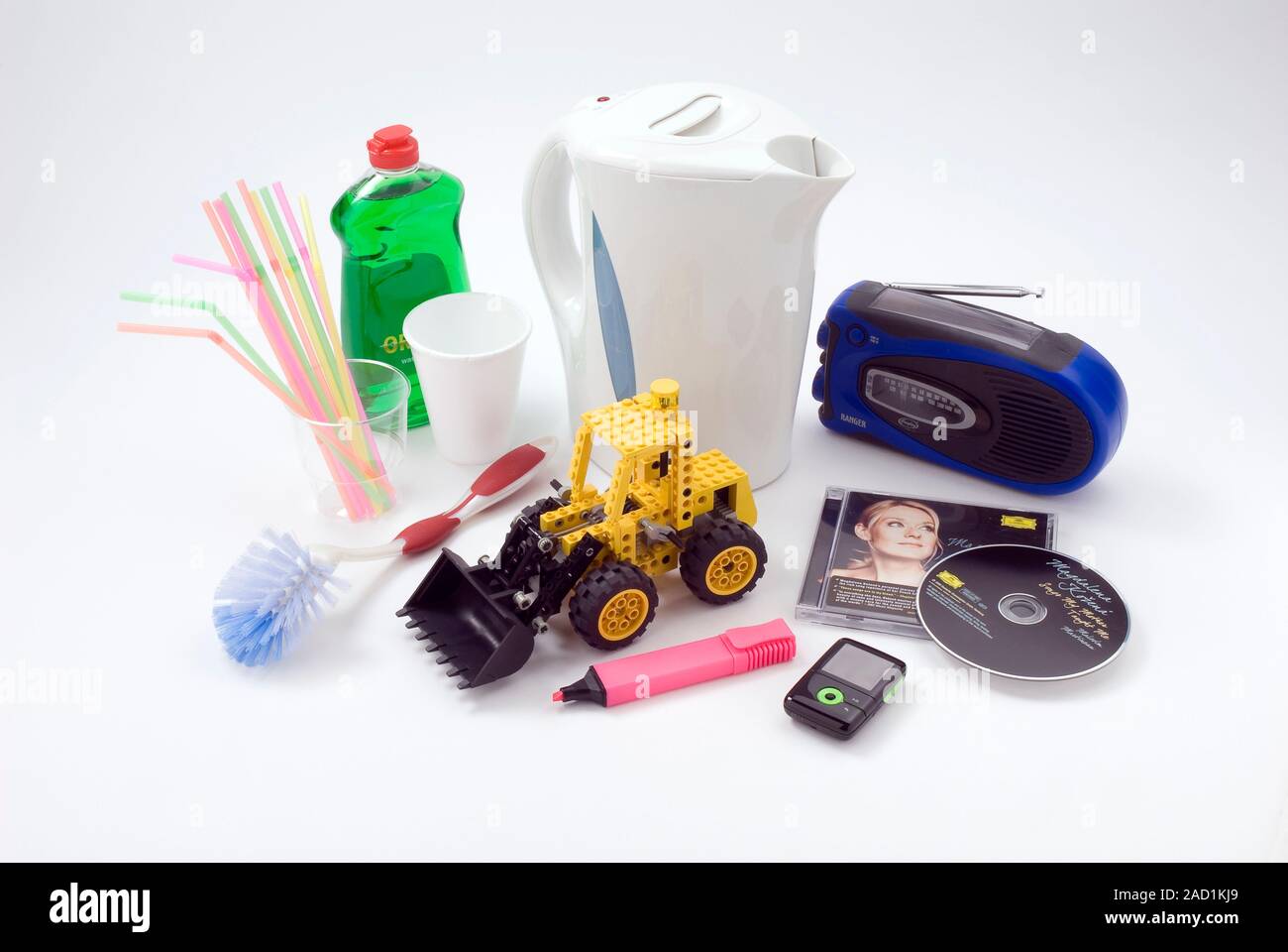 Plastic household objects. Selection of plastic objects typically found ...