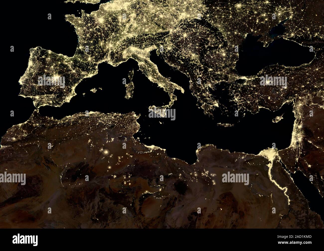 Mediterranean at night. Satellite image of the Mediterranean region at ...