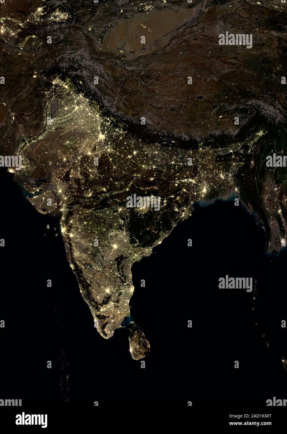India at night. Satellite image of India (centre) at night and the ...