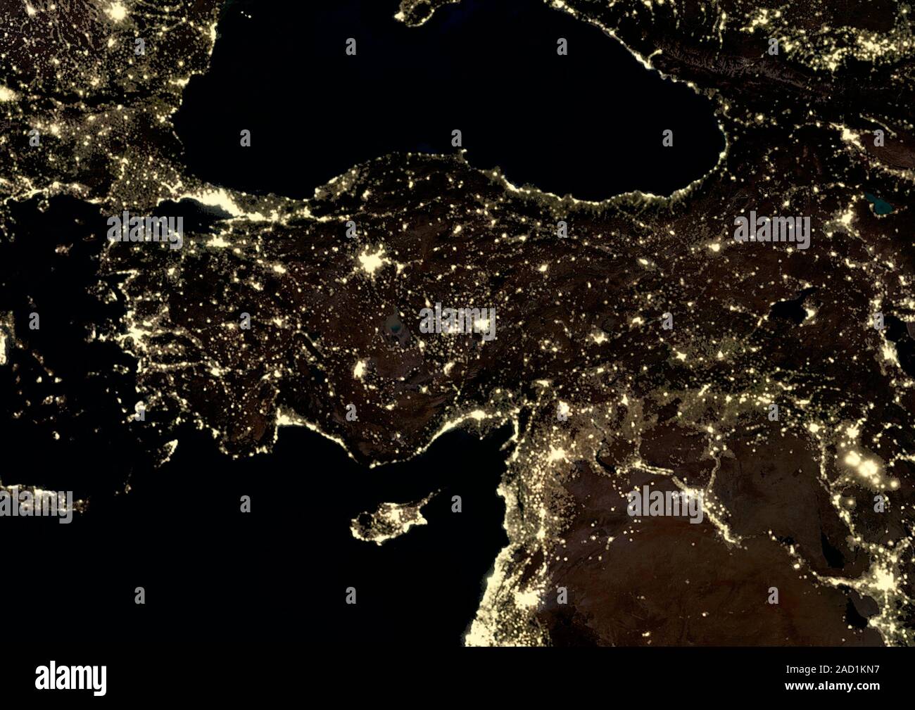 Turkey at night. Satellite image of Turkey (centre) at night, showing ...