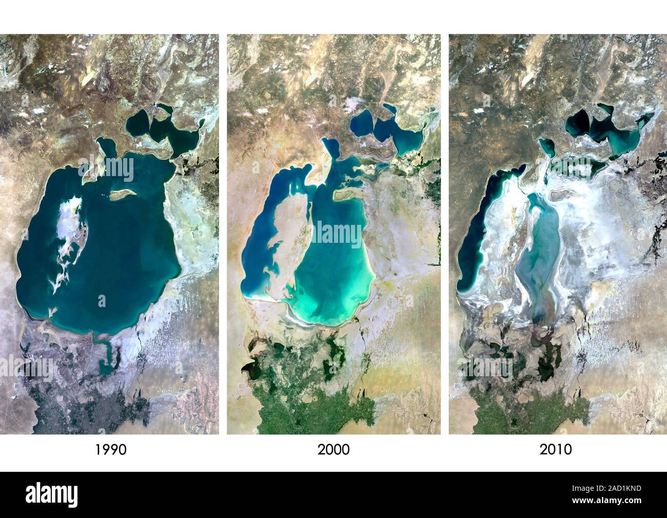 Aral Sea in 1990, 2000 and 2010. Satellite images showing the shrinking ...
