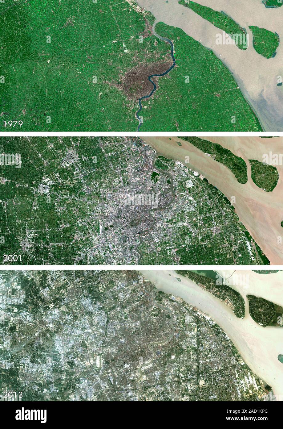 Shanghai urban spread. Satellite images of Shanghai, China in 1979 (top ...