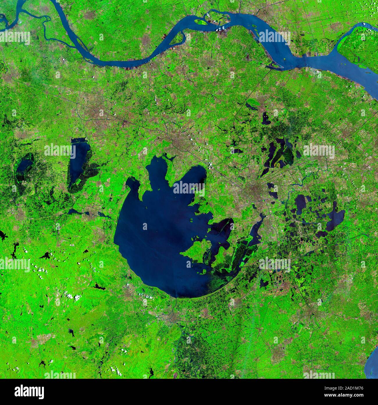 Lake Tai, China, satellite image. Lake Tai (centre, dark blue), also known as Taihu, is a large ...
