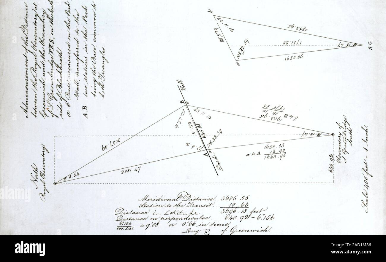 Triangulation calculation, 19th century. This diagram and text refers ...