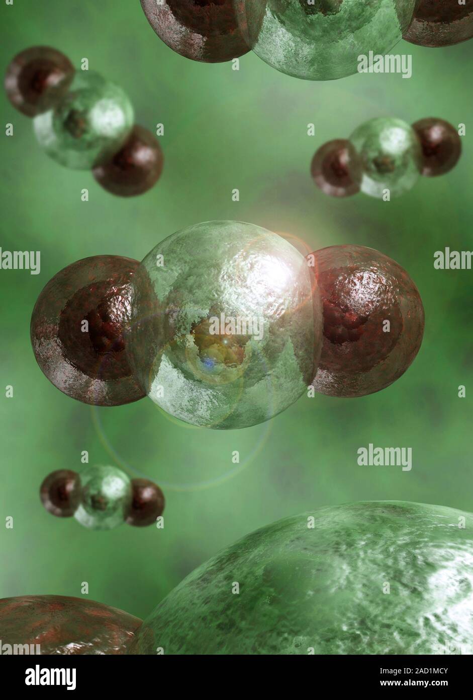 Carbon dioxide (CO2) molecules, illustration. Carbon dioxide is formed ...