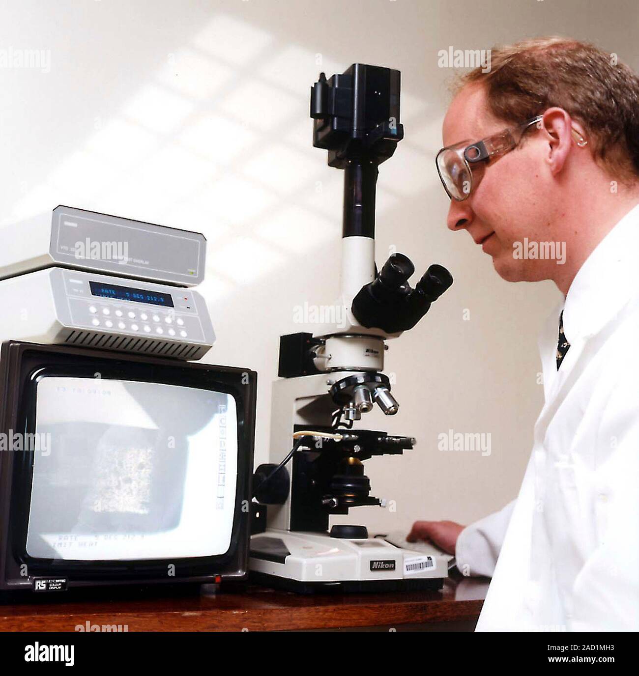 Microscopy research. Researcher using a light microscope as part of ...