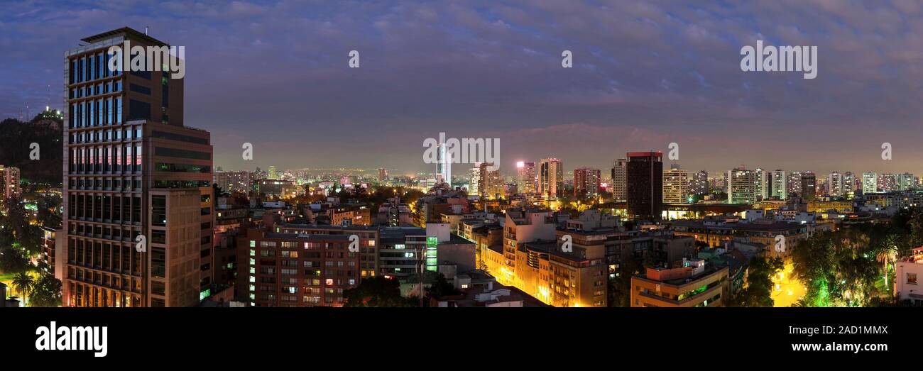 Santiago. Panoramic view over the city of Santiago de Chile at night ...