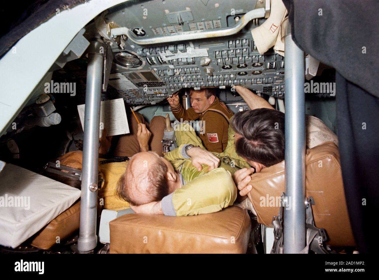 Apollo Soyuz Test Project crew training. Portrait of the Soviet crew of ...