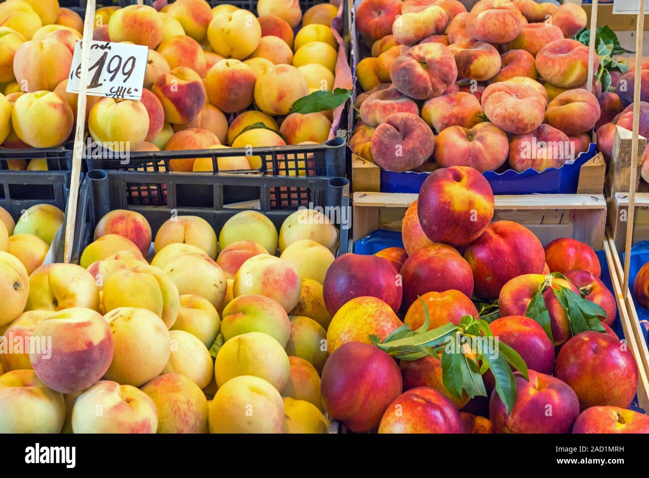 Different kinds of peaches for sale at a market in Palermo, Sicily ...