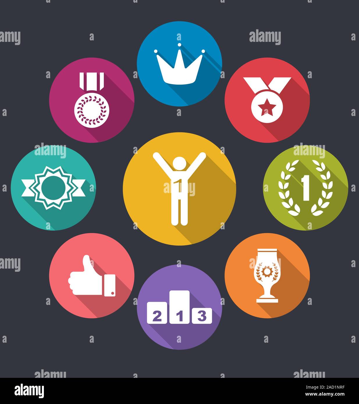 Flat Icons Group of Awards and Trophy Signs, Long Shadow Design Stock ...