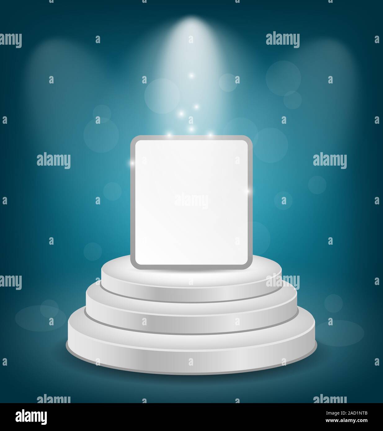 White podium with banner for presentation Stock Photo - Alamy
