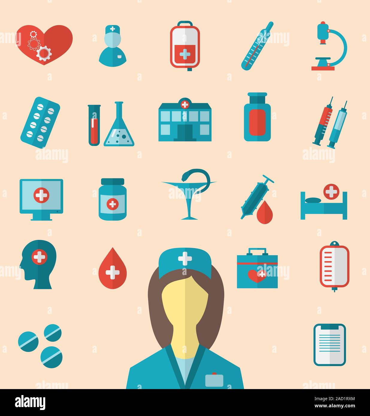 Set trendy flat icons of medical elements and nurse Stock Photo - Alamy