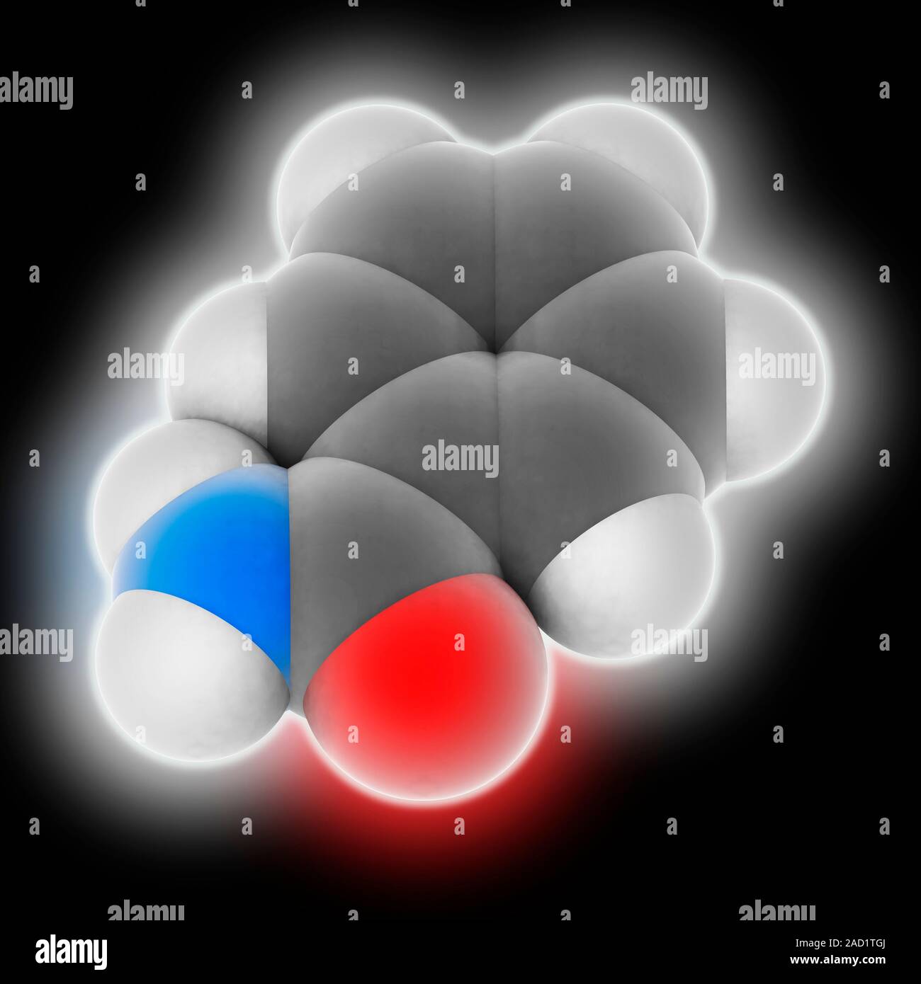Benzamide. Molecular model of the organic compound benzamide (C7.H7.N.O ...