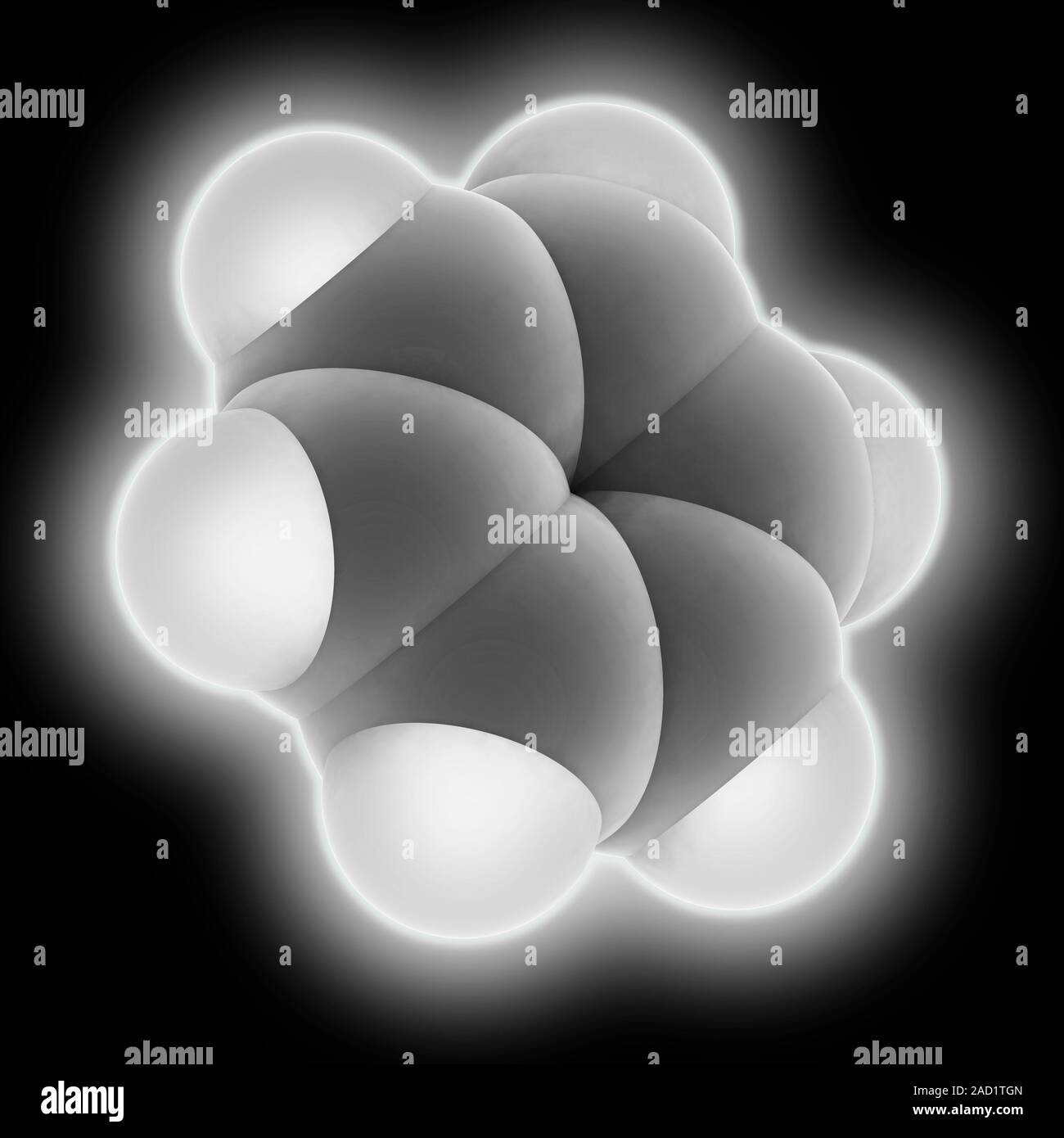 Benzene. Molecular model of the aromatic hydrocarbon benzine (C6.H6 ...