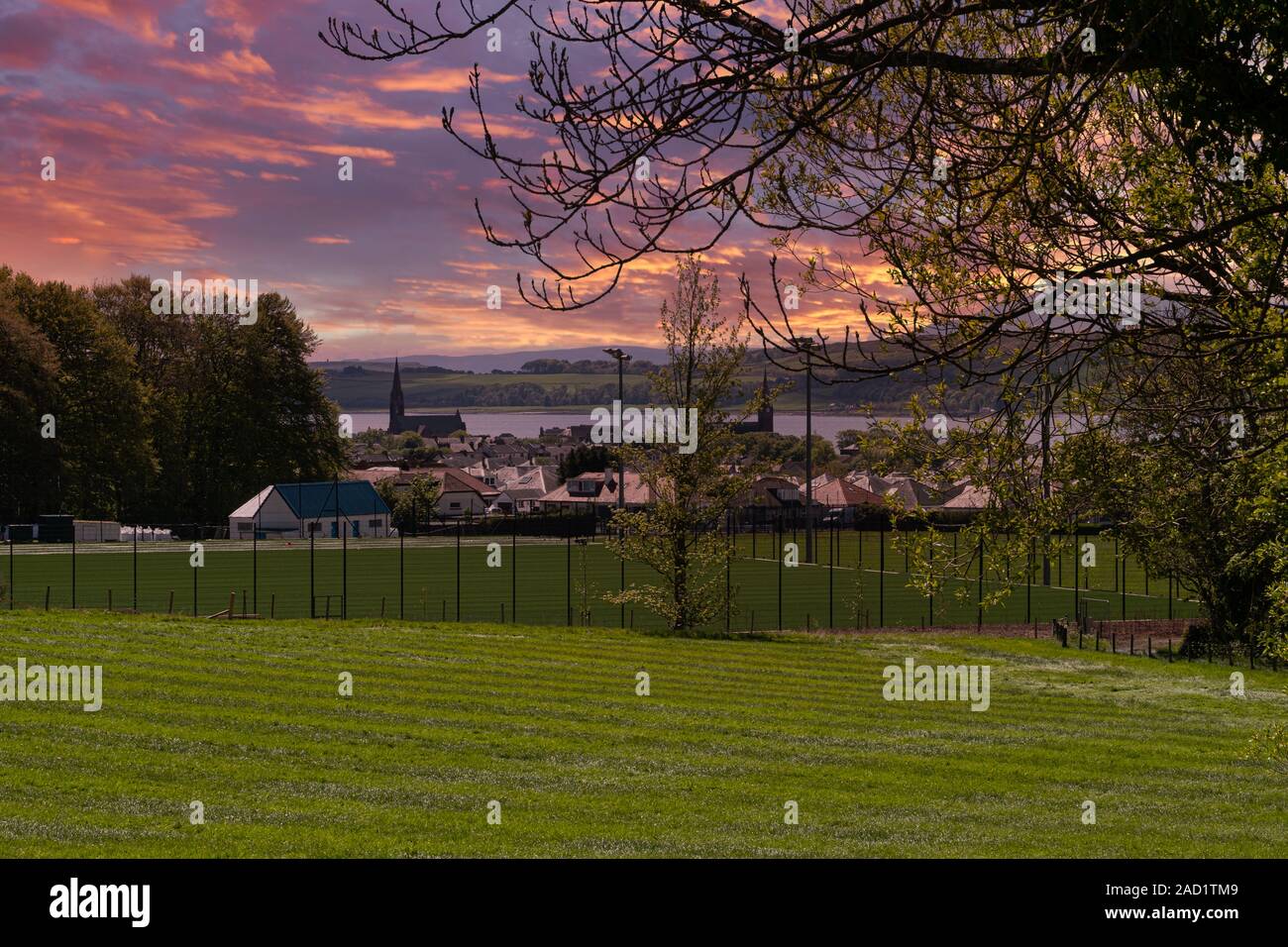 Looking over Largs rooftops over the River Clyde to the Arran Hills ...