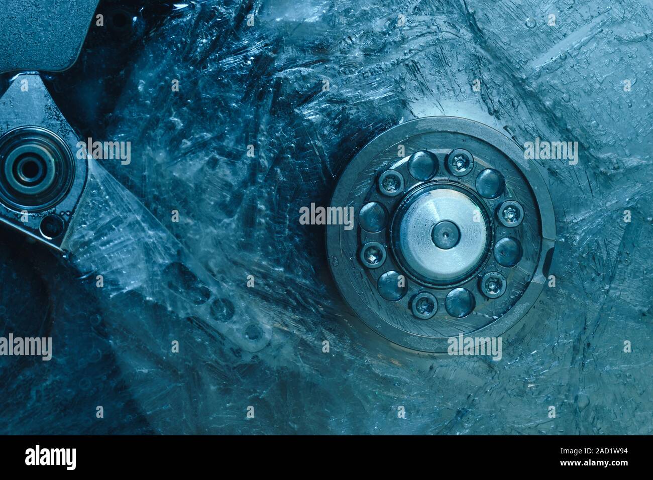 Close up open detail frozen hard disk background. Concept protection ...